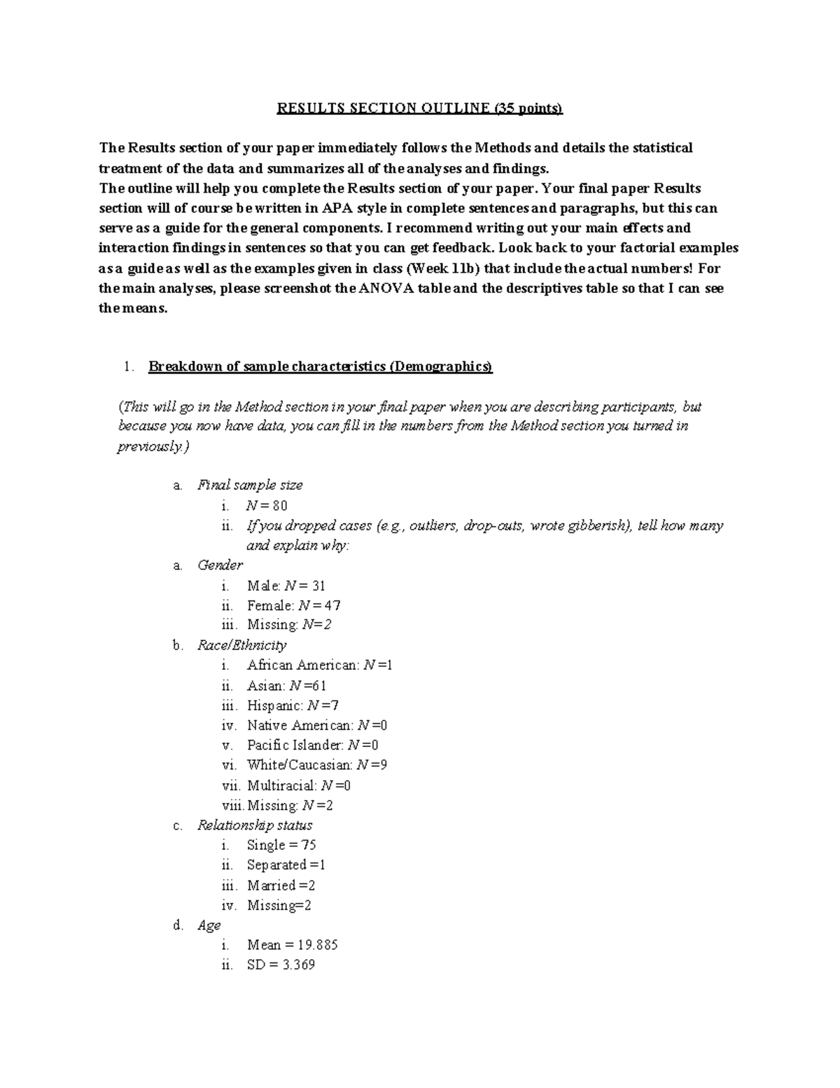 Results Section Outline - RESULTS SECTION OUTLINE (35 points) The ...