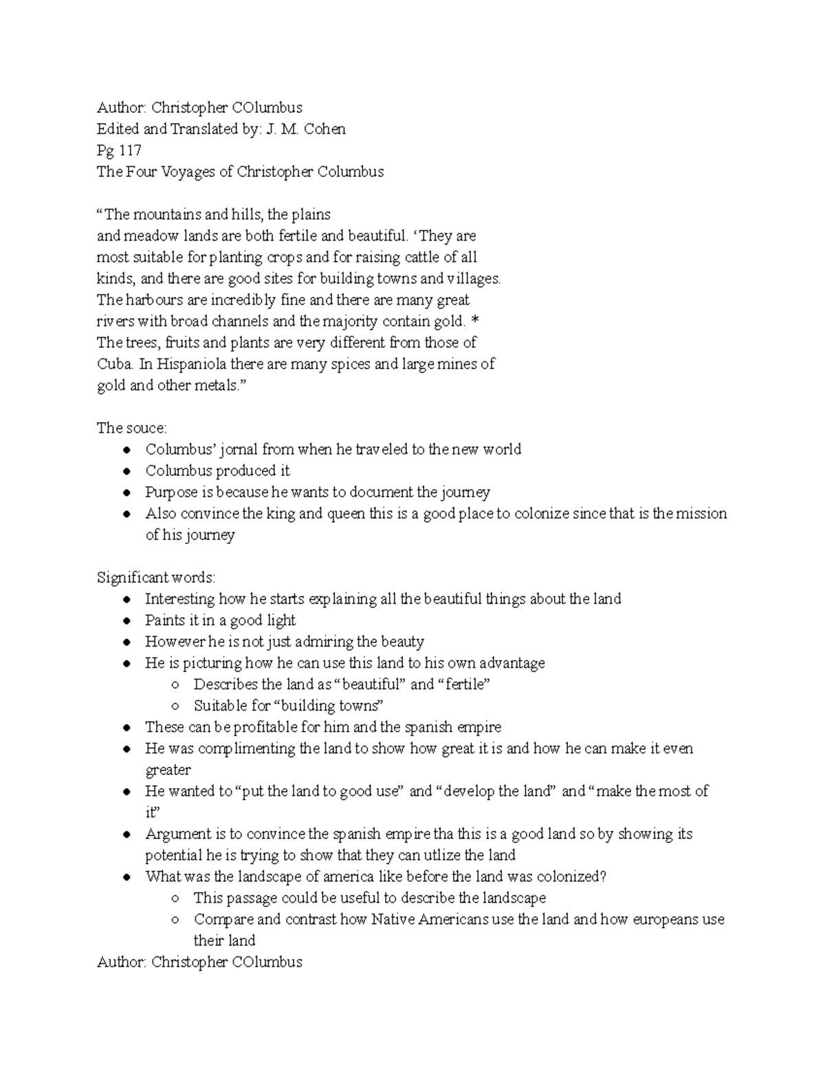 Passage analysis - Author: Christopher Columbus Edited and Translated ...