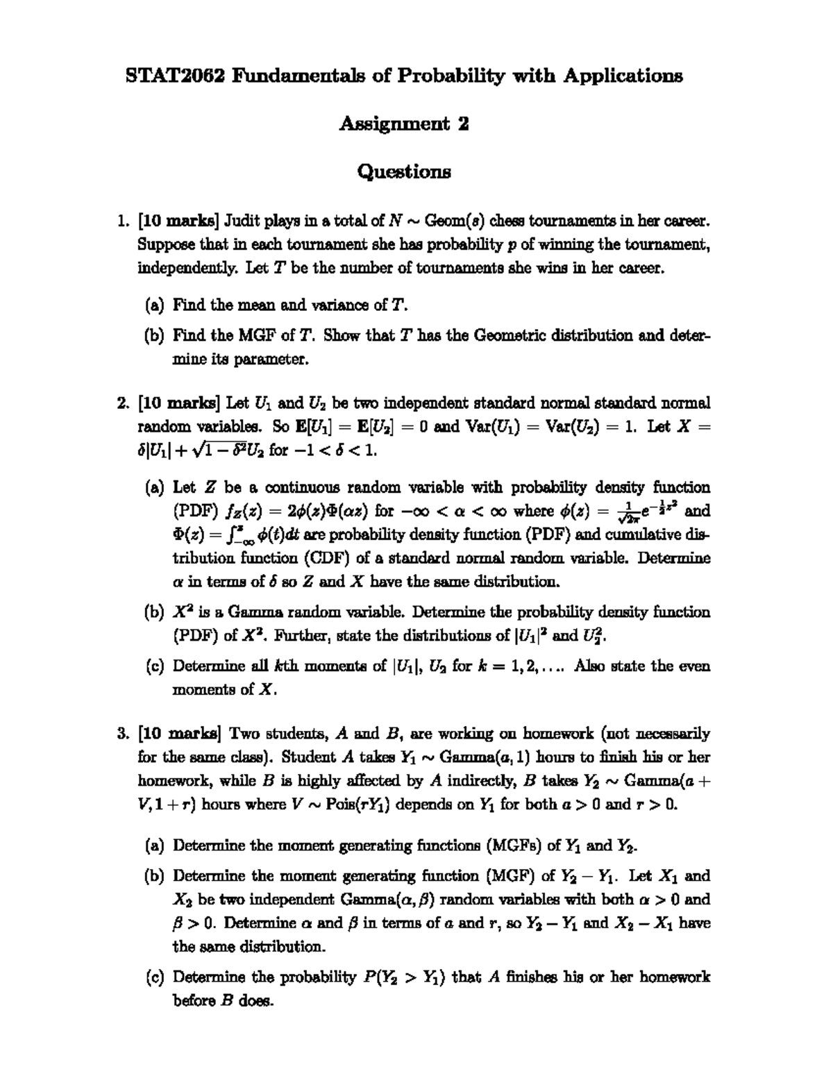 2022 Assignment 2 - STAT 2062 Fundamentals of Probability with Applications Assignment 2 ...