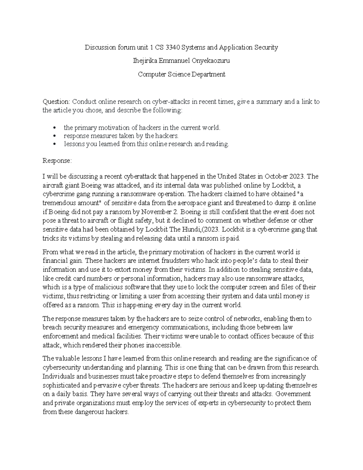 Discussion forum unit 1 CS 3340 Systems and Application Security - Discussion forum unit 1 CS ...