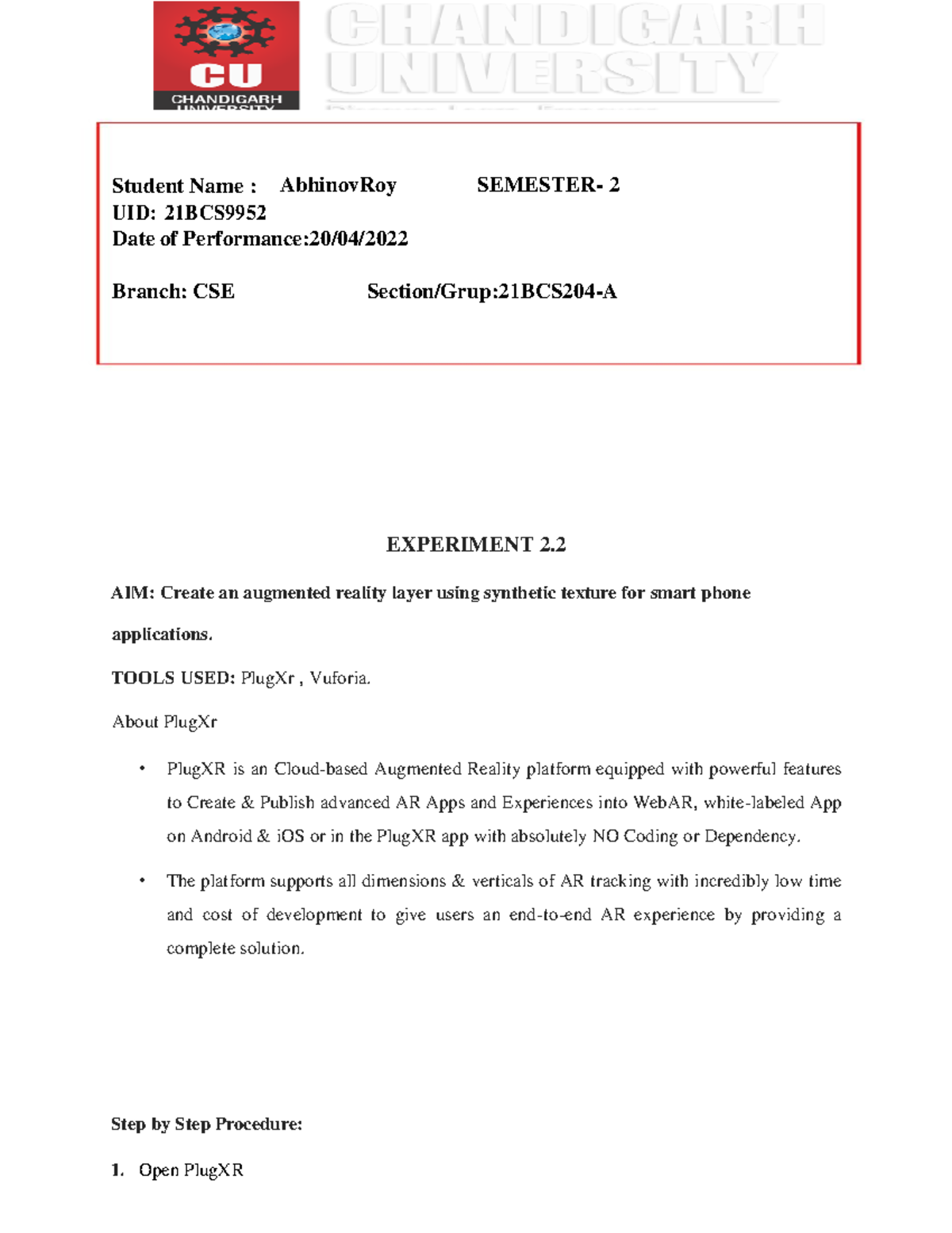 DT EXP 2.2 21BCS9952 - ekjbwkjbfwkebfbdhbfb - EXPERIMENT 2. AIM: Create an augmented reality ...