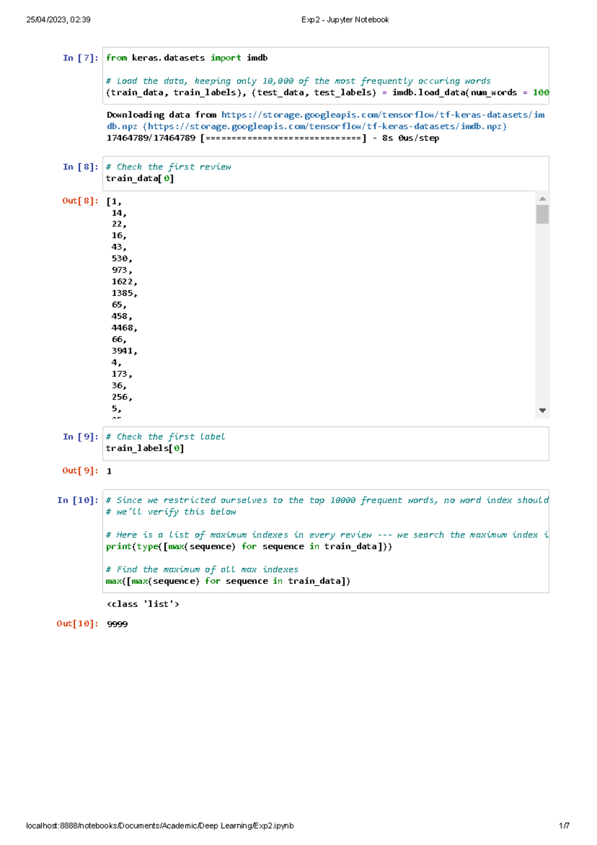 Exp2 Execution - In [7]: In [8]: In [9]: In [10]: Downloading data from ...