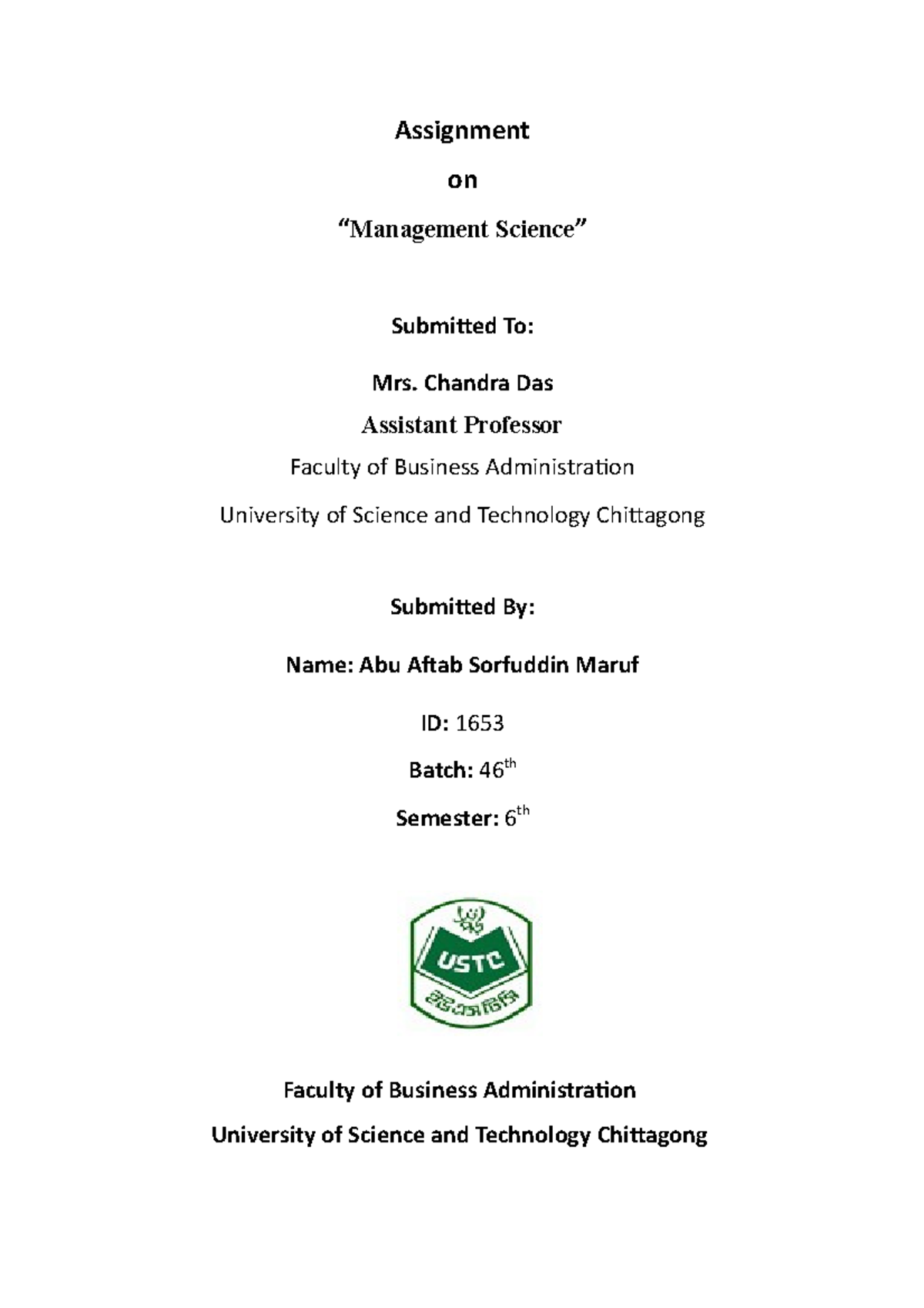 1653 - Marketing Management - Assignment on “Management Science ...