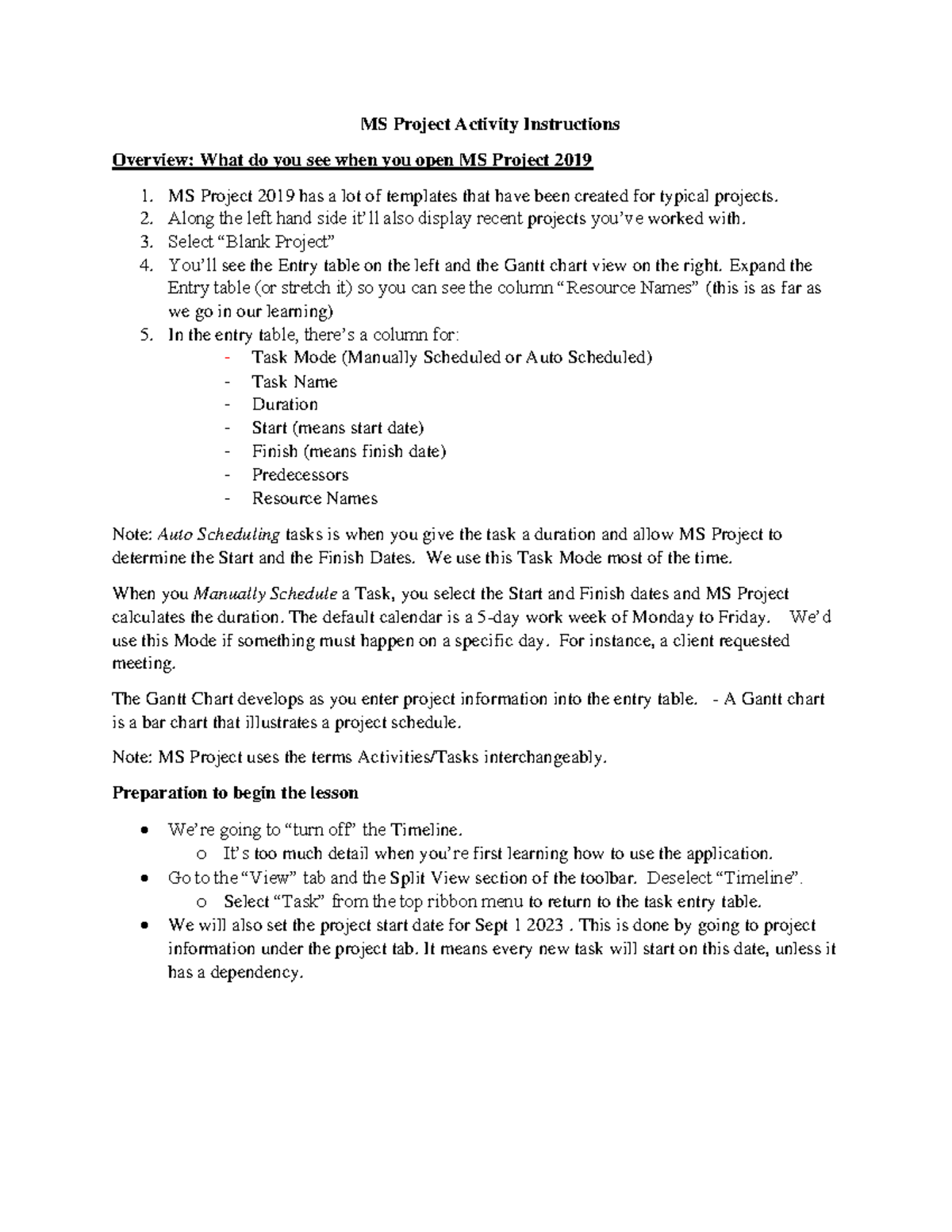 MS Project Activity Instructions WBS for individual take home ...