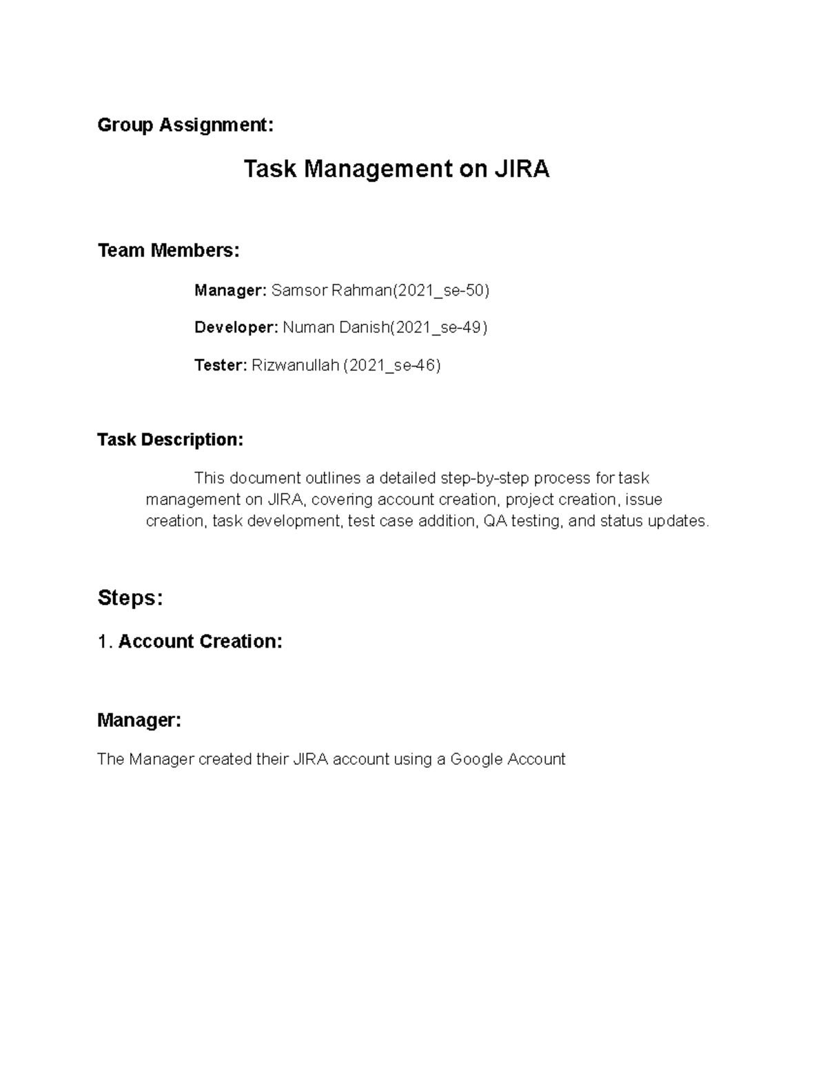 Group Assignment - dksklkl - Group Assignment: Task Management on JIRA Team Members: Manager ...