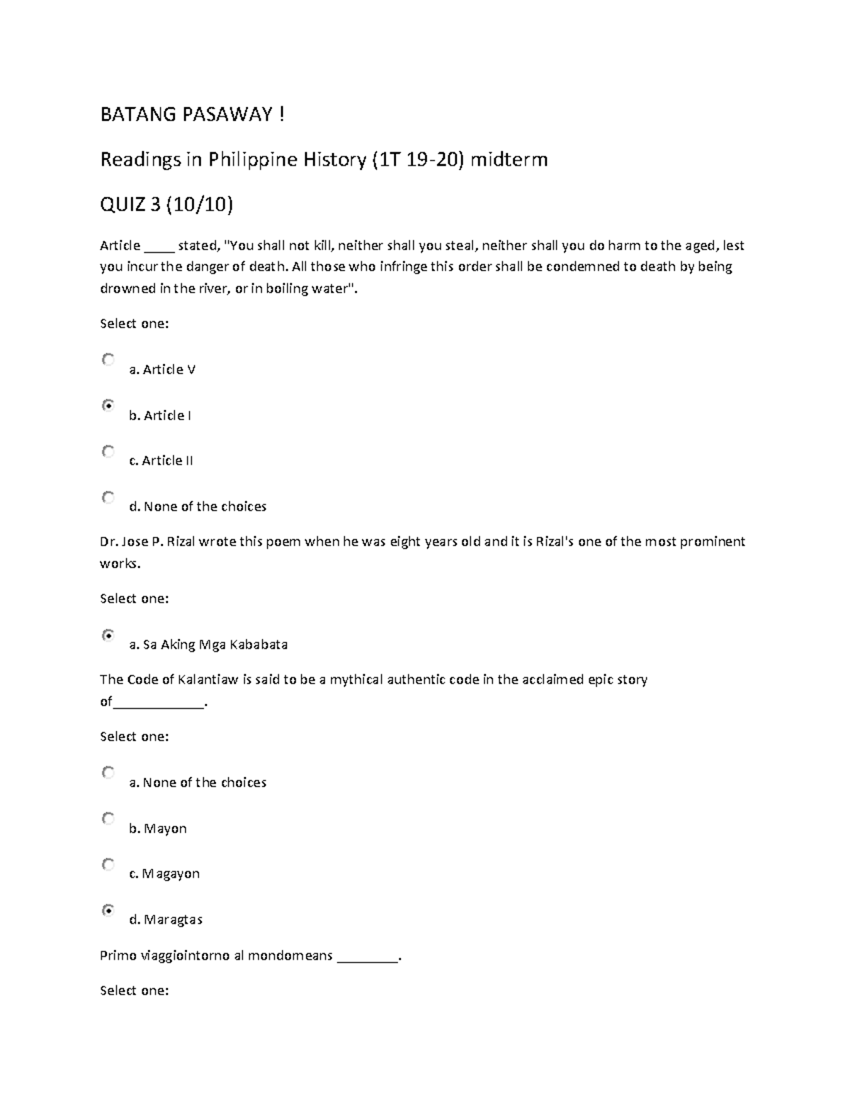 Pdfcoffee - ANSWER KEY - BATANG PASAWAY! Readings in Philippine History (1T 19-20) midterm QUIZ ...
