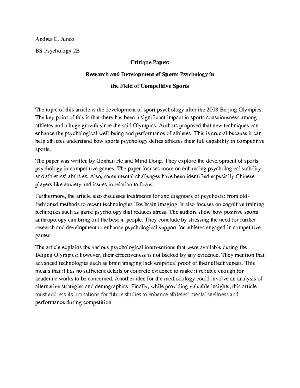 Critique paper 1 - yayay - Andres C. Junco BS Psychology 2B Critique ...