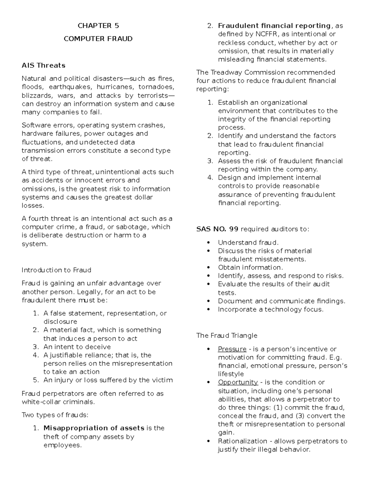 AIS C5 Summary - asasas - CHAPTER 5 COMPUTER FRAUD AIS Threats Natural and political disasters ...