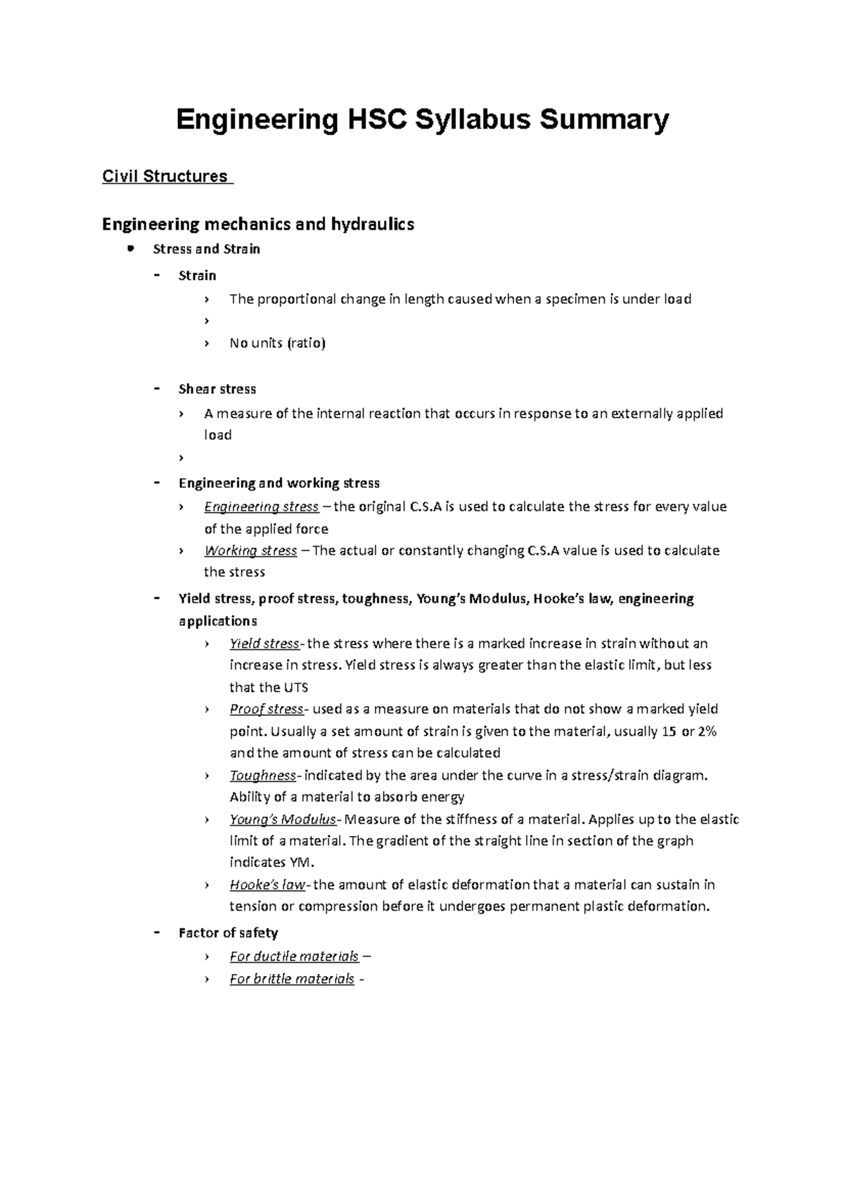 Hsc syllabus summary - Engineering HSC Syllabus Summary Civil ...