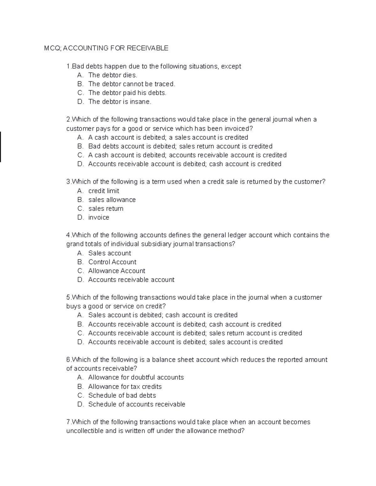 MCQ CH7 AR student - queston - MCQ; ACCOUNTING FOR RECEIVABLE 1 debts ...