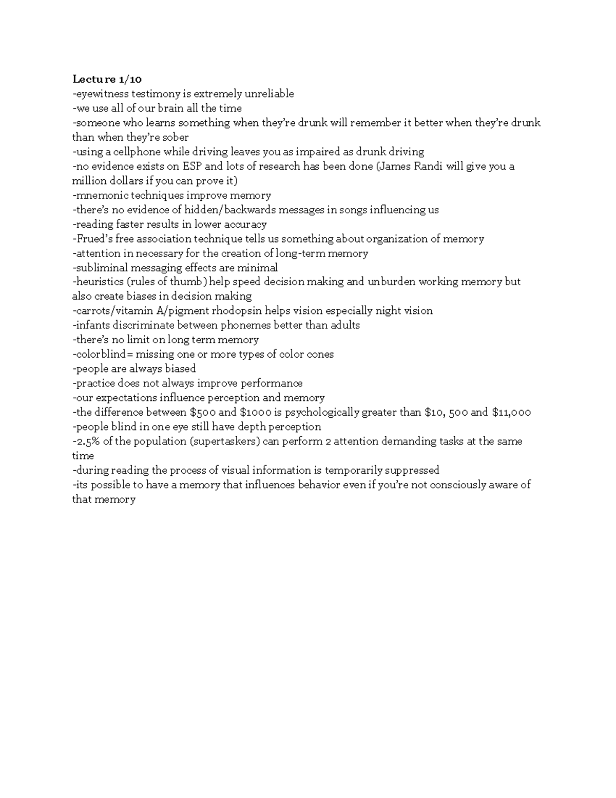 Psyche 2100 1:10-1:12 notes - Lecture 1/ -eyewitness testimony is ...