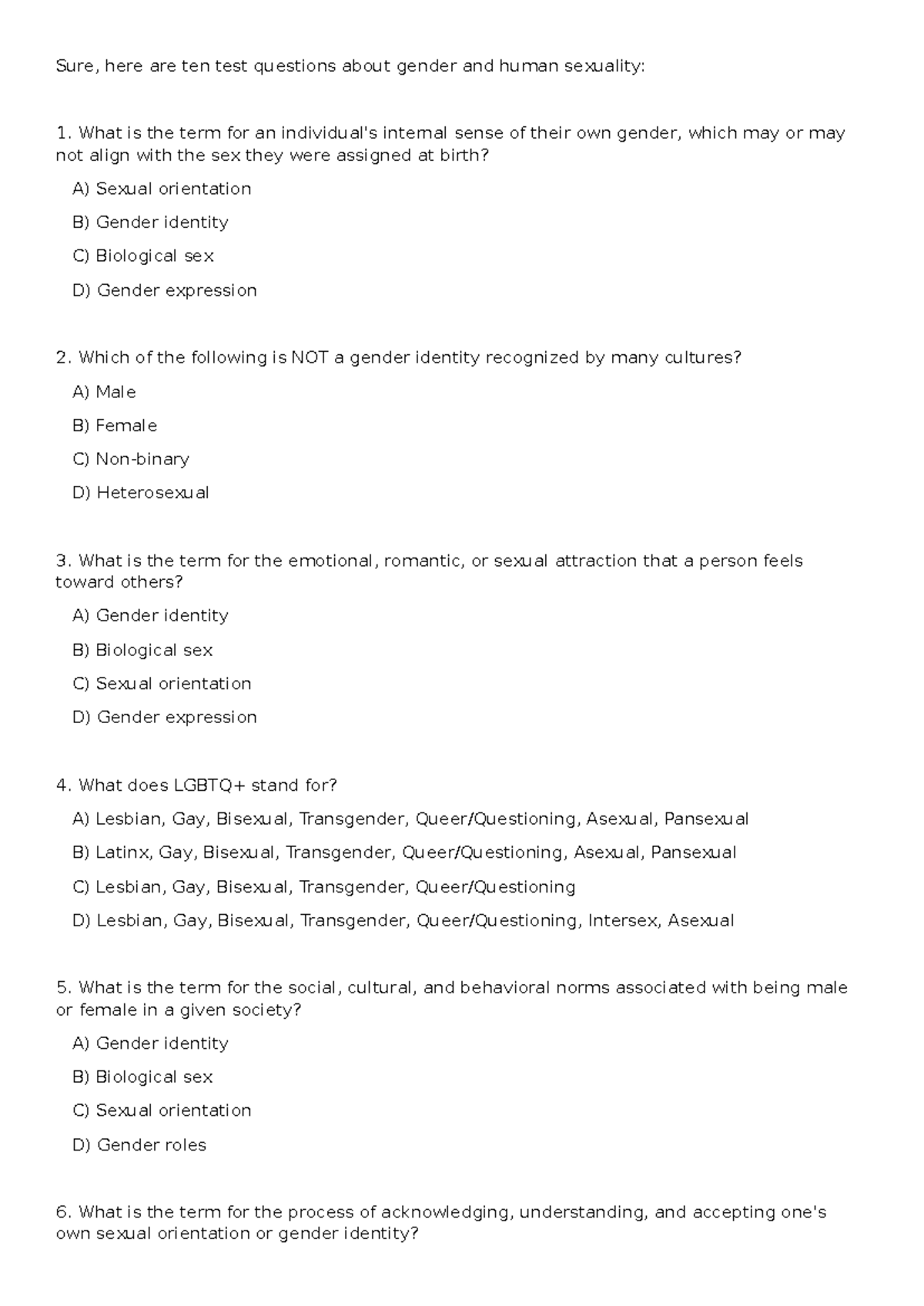 here are ten test questions about gender and human sexuality - Studocu