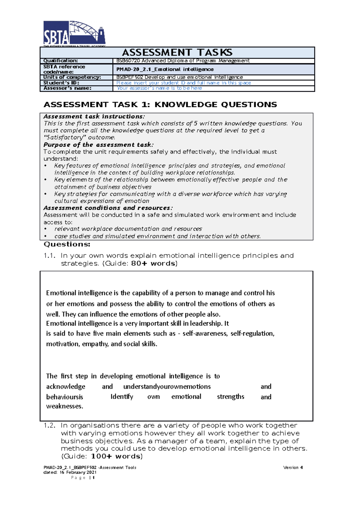 PMAD 20 2 - ...................... - Emo琀椀onal intelligence is the ...