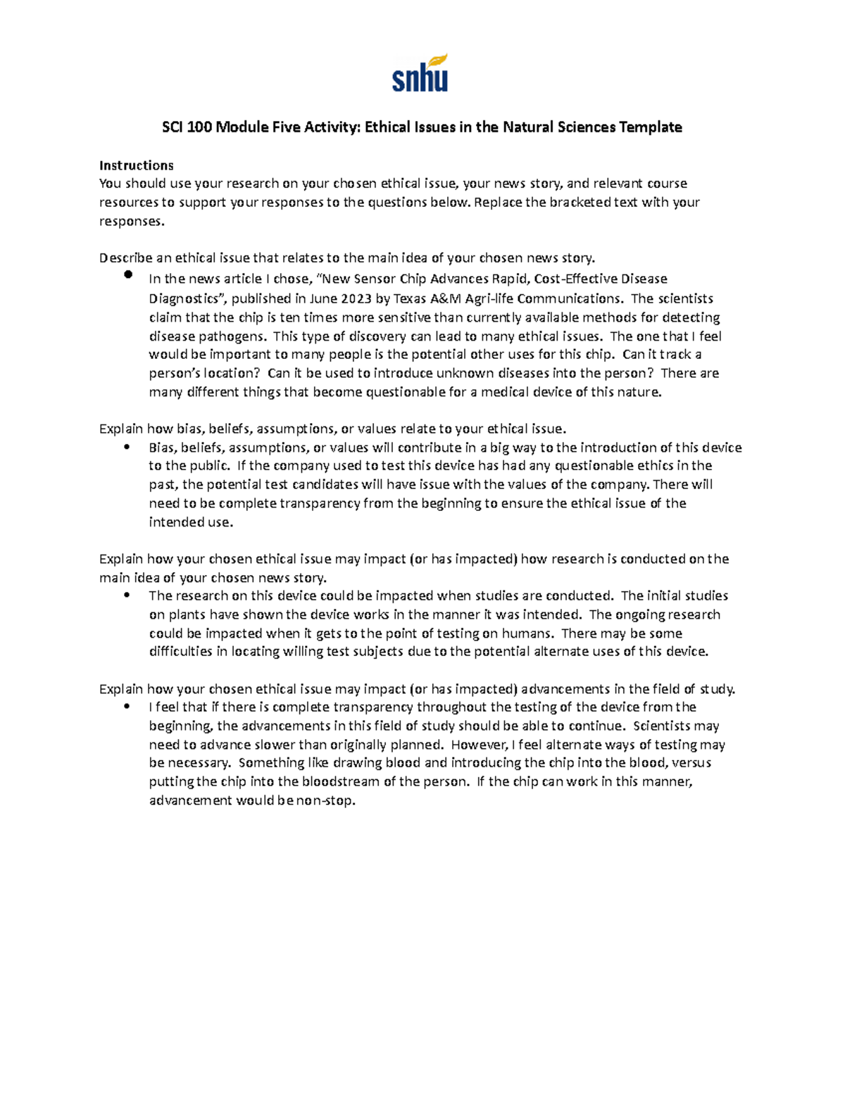 Module 5 Ethics Activity - SCI 100 Module Five Activity: Ethical Issues ...