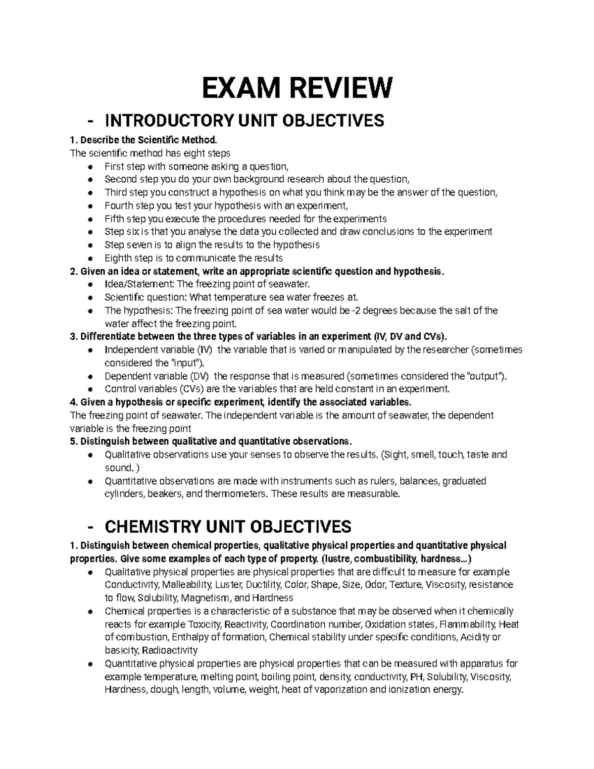 Final Exam Science Grade 9 - EXAM REVIEW - INTRODUCTORY UNIT OBJECTIVES Describe the Scientific ...