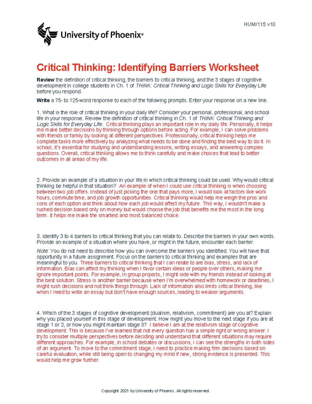 Week 1 - week 1 worksheet - HUM/115 v Critical Thinking: Identifying ...