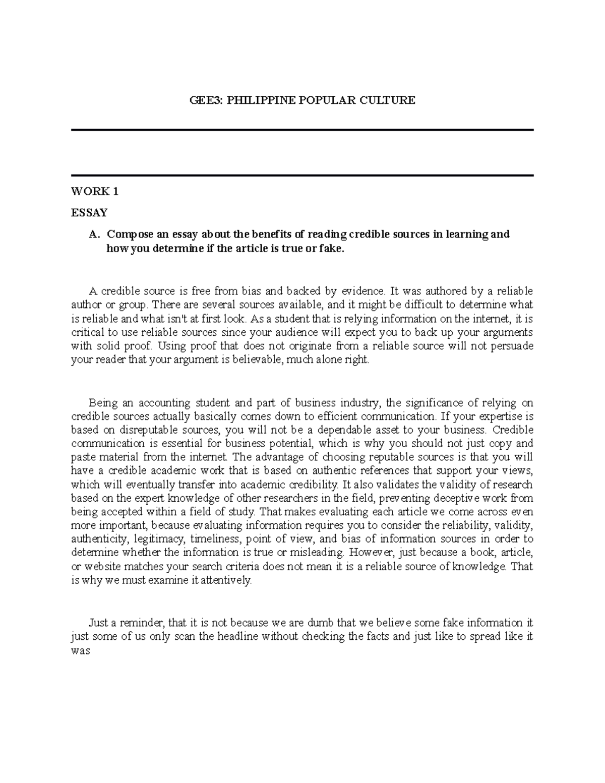 GEED ACTIVITY INDIVIDUAL - GEE3: PHILIPPINE POPULAR CULTURE WORK 1 ...