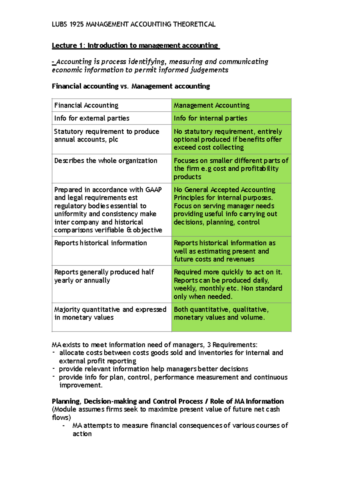 Summary Management and Cost Accounting lecture 1-10 - Lecture 1 ...