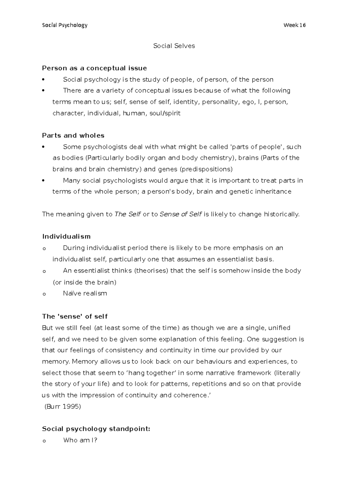 Week 16 - Social Selves - Lecture notes 1 - Social Psychology Week 16 ...