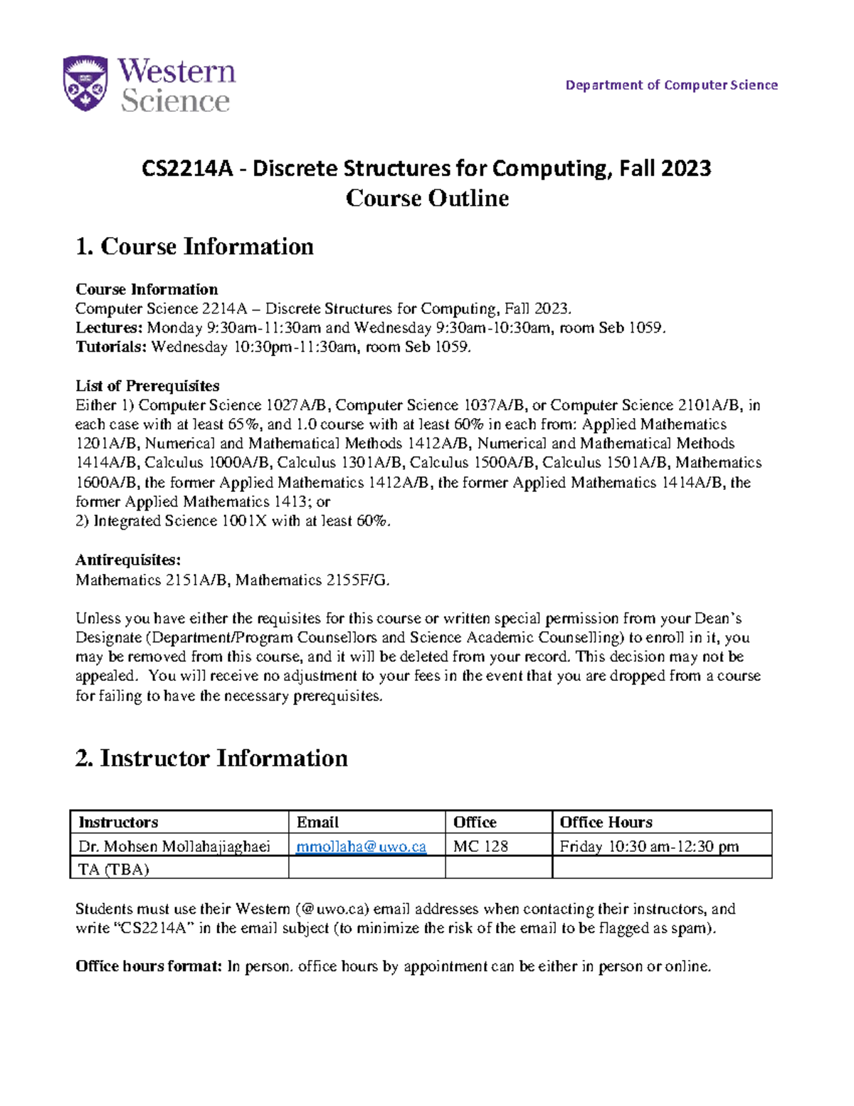 Course Outline CS 2214A - Department of Computer Science CS2214A ...