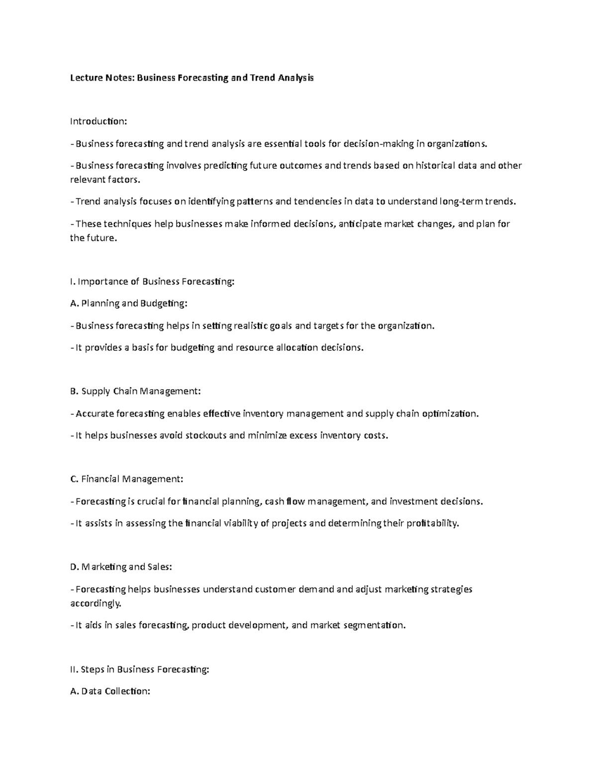 Lecture Notes Business Forecasting And Trend Analysis Lecture Notes