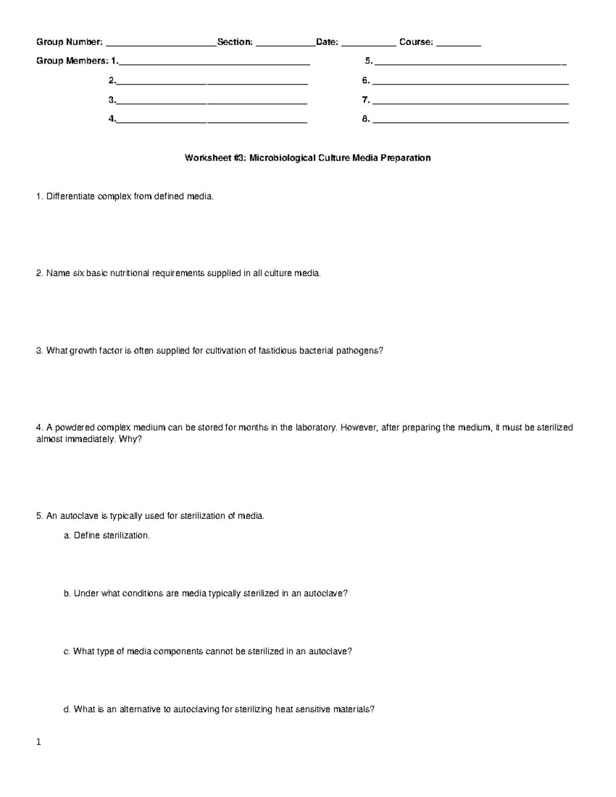Worksheet 3 Microbiological Culture Media Preparation - 1 Group Number