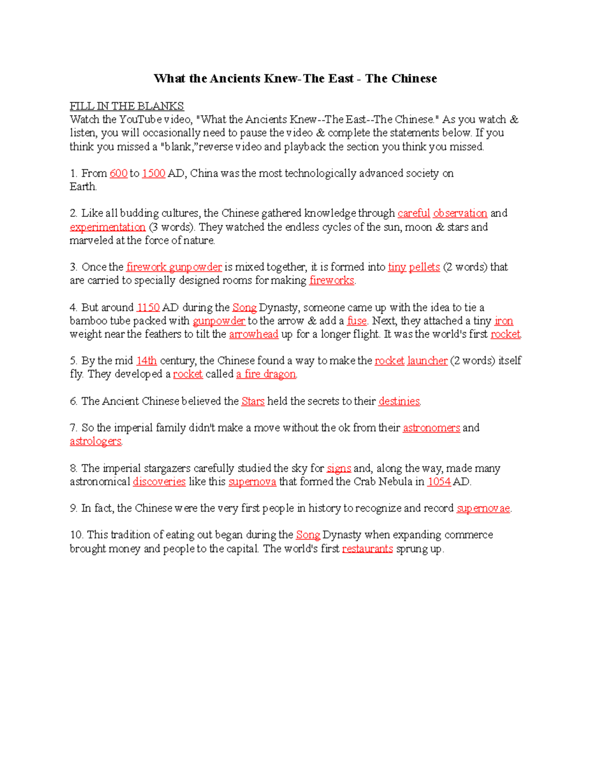 Answer KEY What the Ancients Knew - The East - The Chinese - What the ...