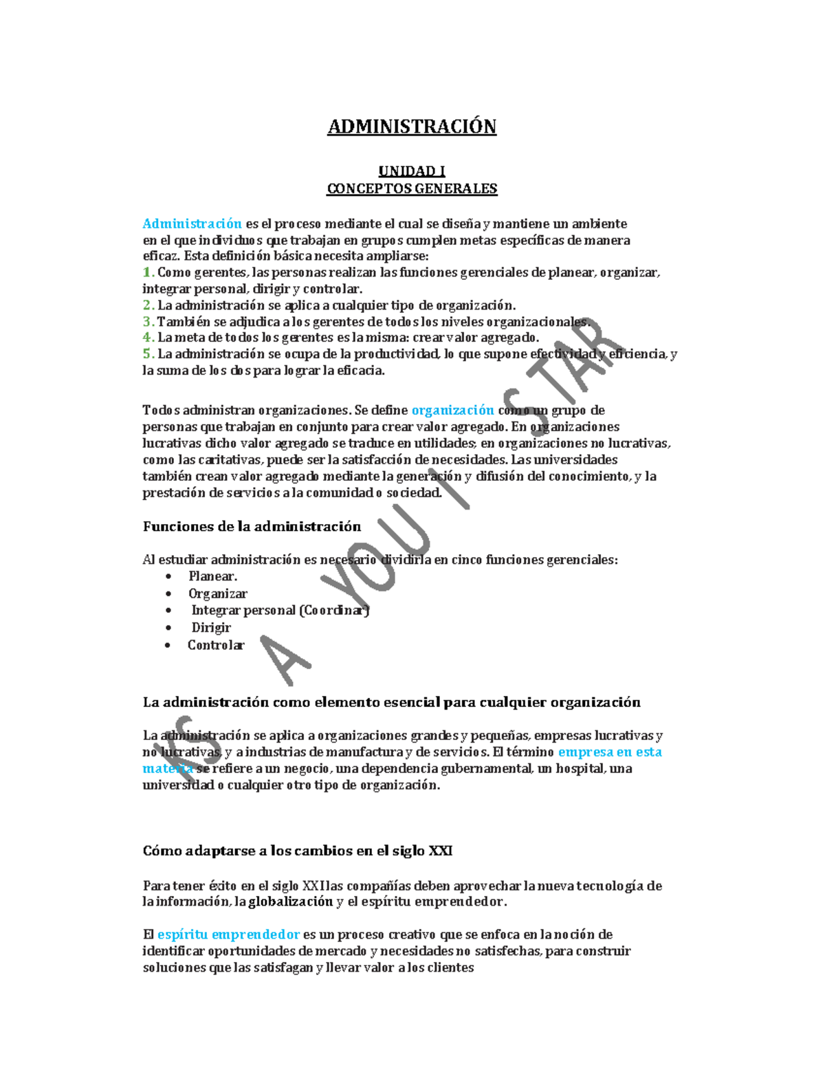 Administracion Resumen Completo - ADMINISTRACIÓN UNIDAD I CONCEPTOS ...
