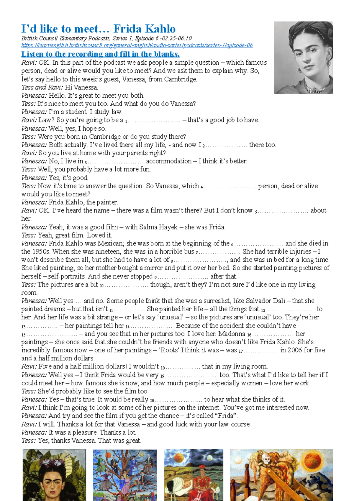 Frida Kahlo - listening + biography - I’d like to meet... Frida Kahlo ...