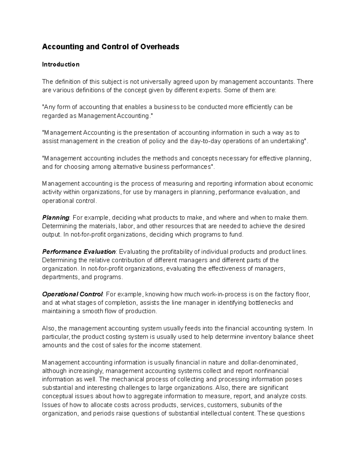 Accounting and Control of Overheads - Accounting and Control of ...