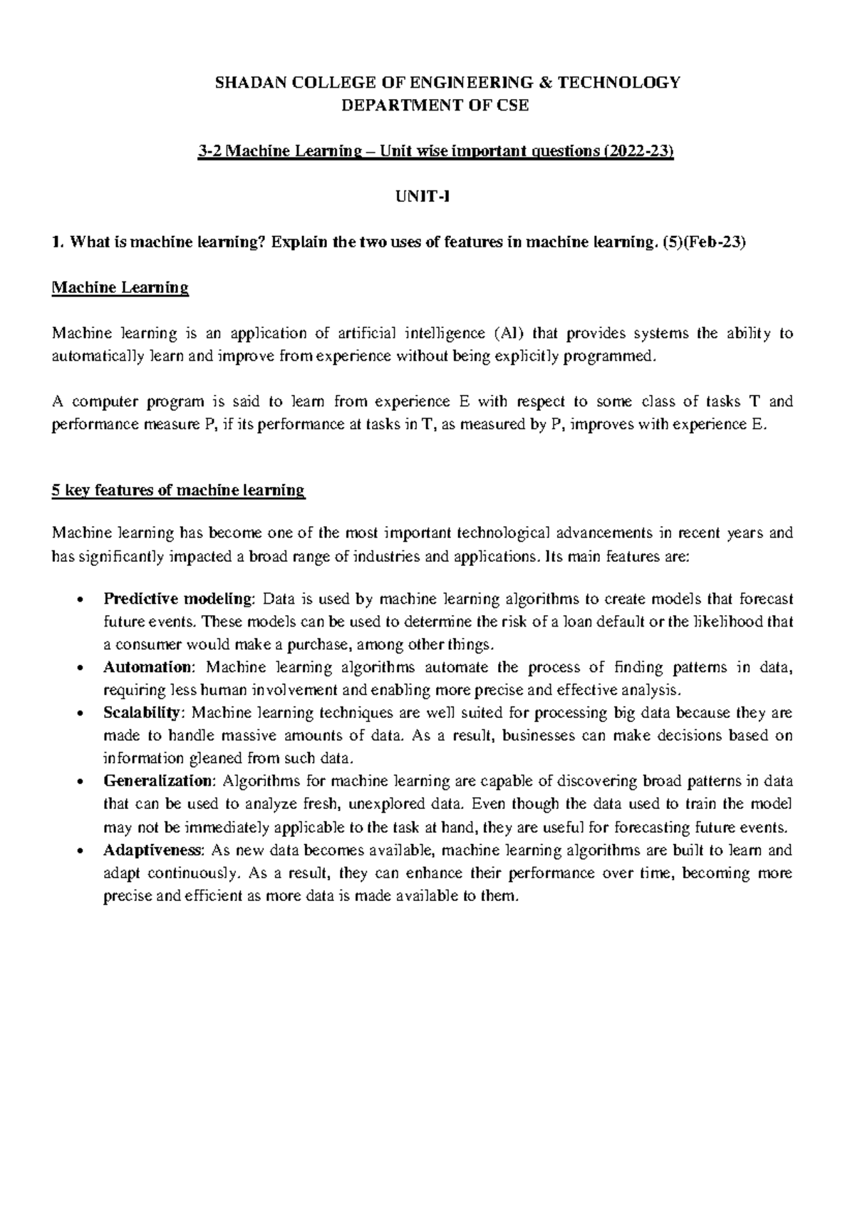 ML IMP Q&A UNIT 1 5 - SHADAN COLLEGE OF ENGINEERING & TECHNOLOGY DEPARTMENT OF CSE 3 - 2 Machine ...