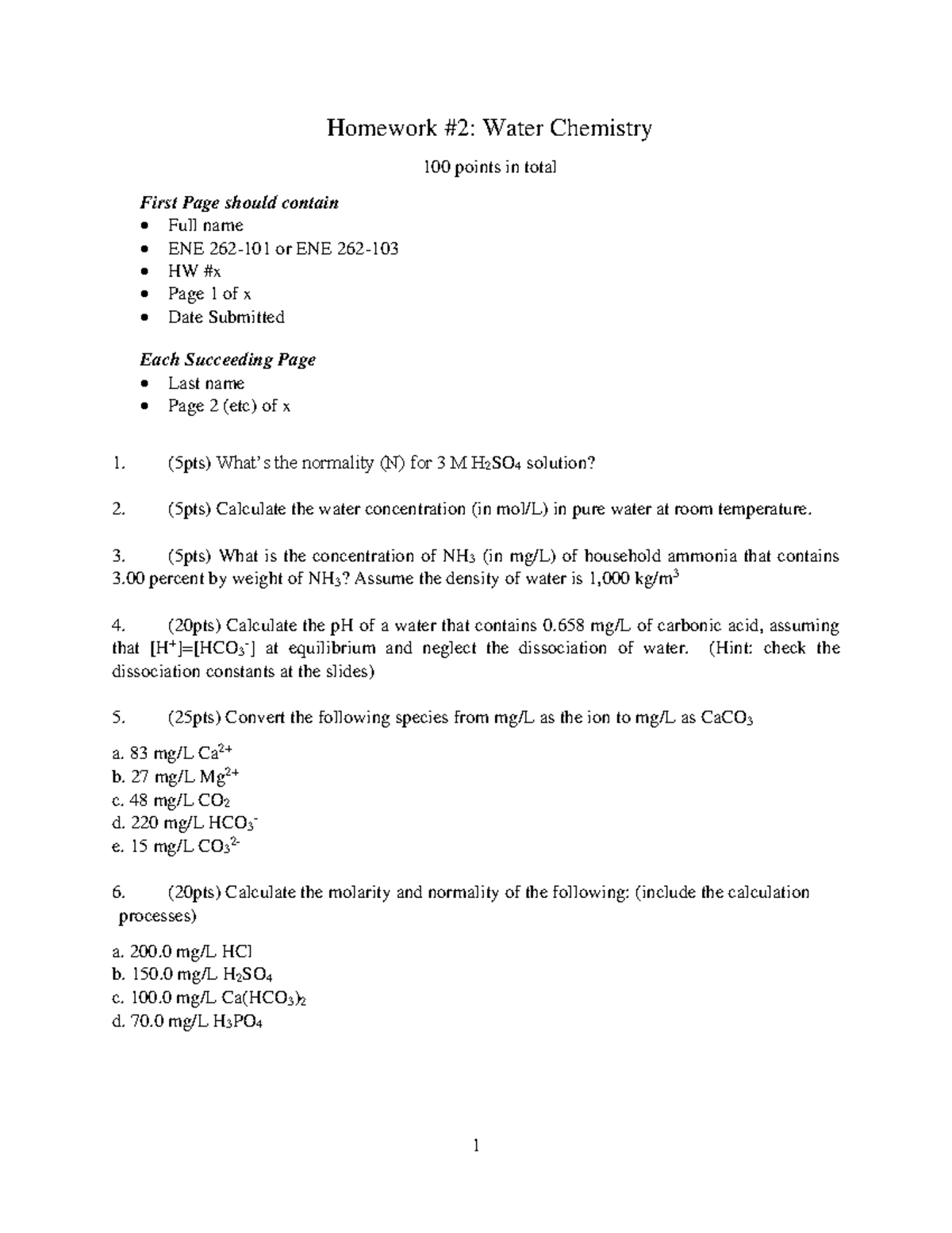 Homework #2 Water chemistry - 1 Homework #2: Water Chemistry 100 points ...