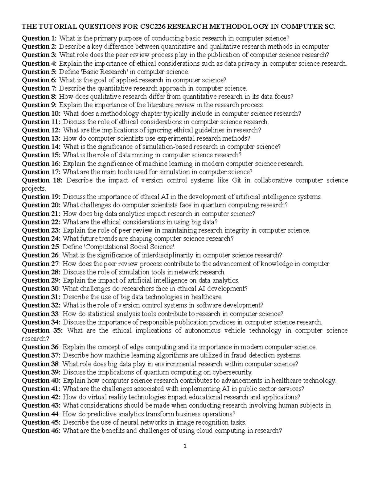 THE Tutorial Questions FOR CSC226 Research Methodology IN Computer SC ...