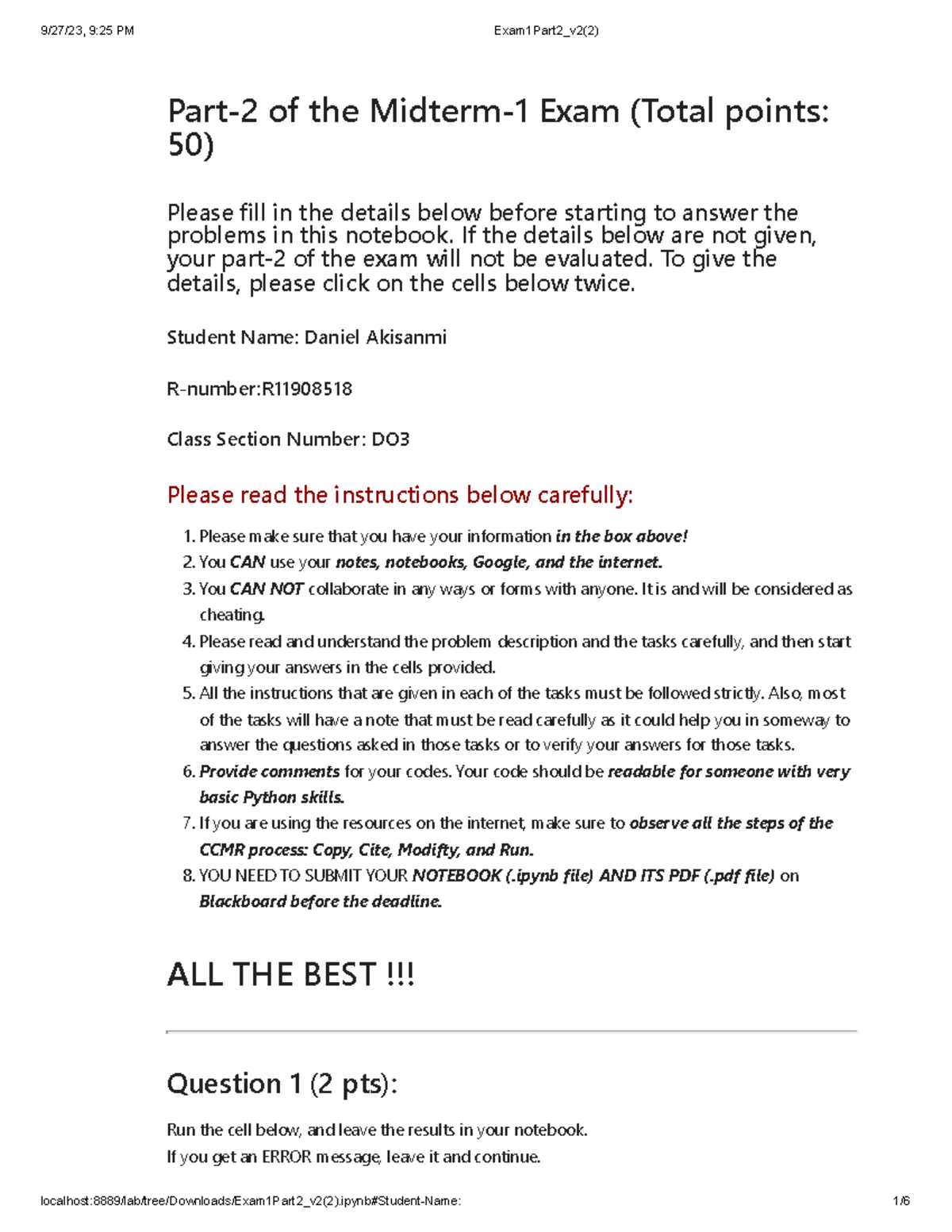 Exam1Part2 v… (3) - Jupyter Lab - Part-2 of the Midterm-1 Exam (Total ...