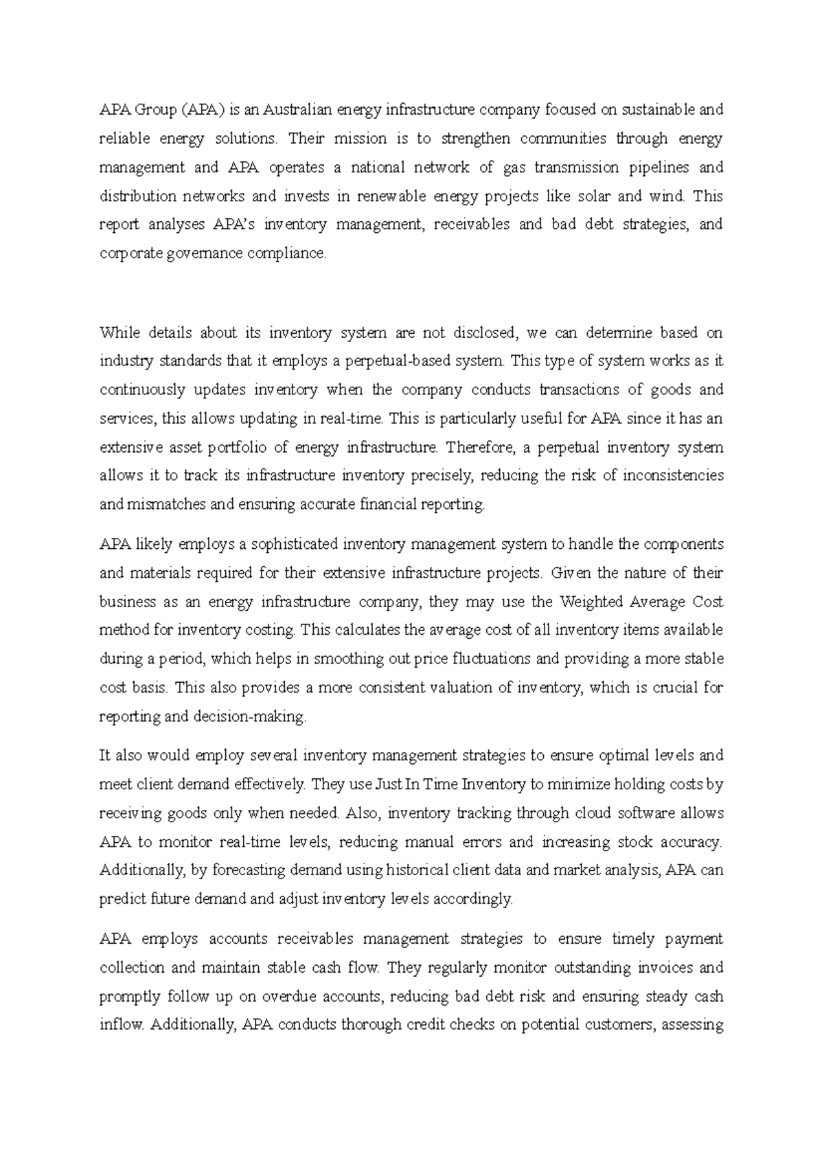 ACCG1001 - Individual Business Report - APA Group (APA) is an ...