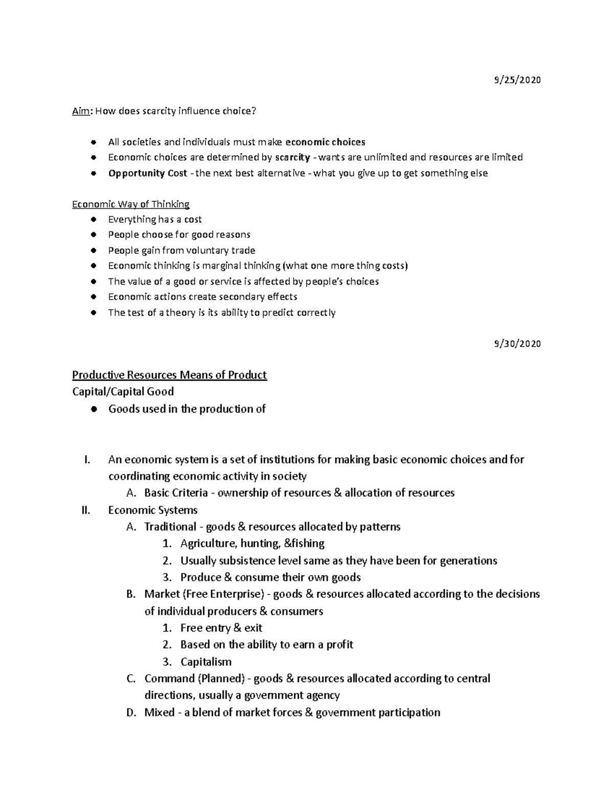 AP MACROECONOMICS September Notes - 9/25/ Aim: How does scarcity ...