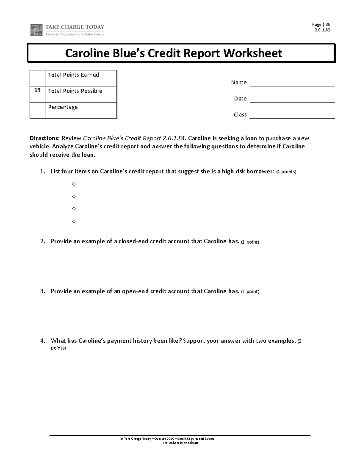 Caroline Blues Credit Report Worksheet 2.6 - Page | 35 2.6.1 © Take ...