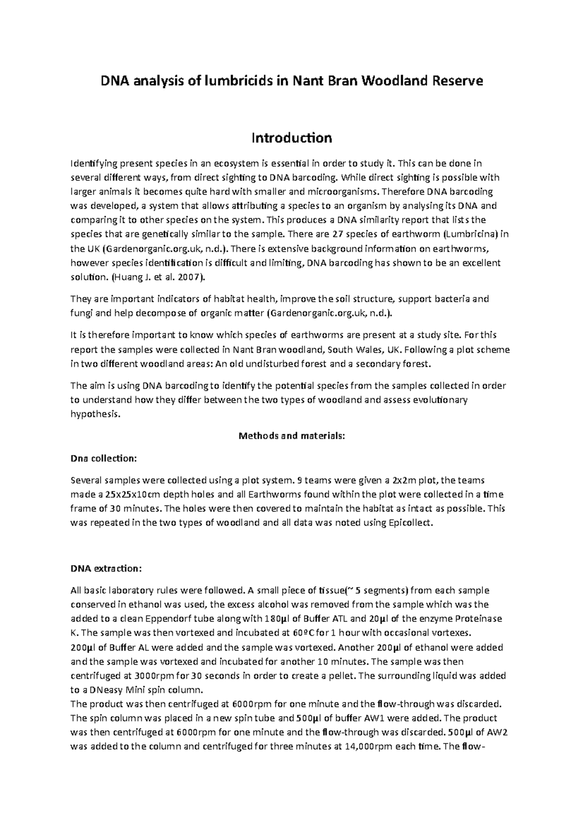 DNA analysis of lumbricids in Nant Bran Woodland Reserve - DNA analysis ...