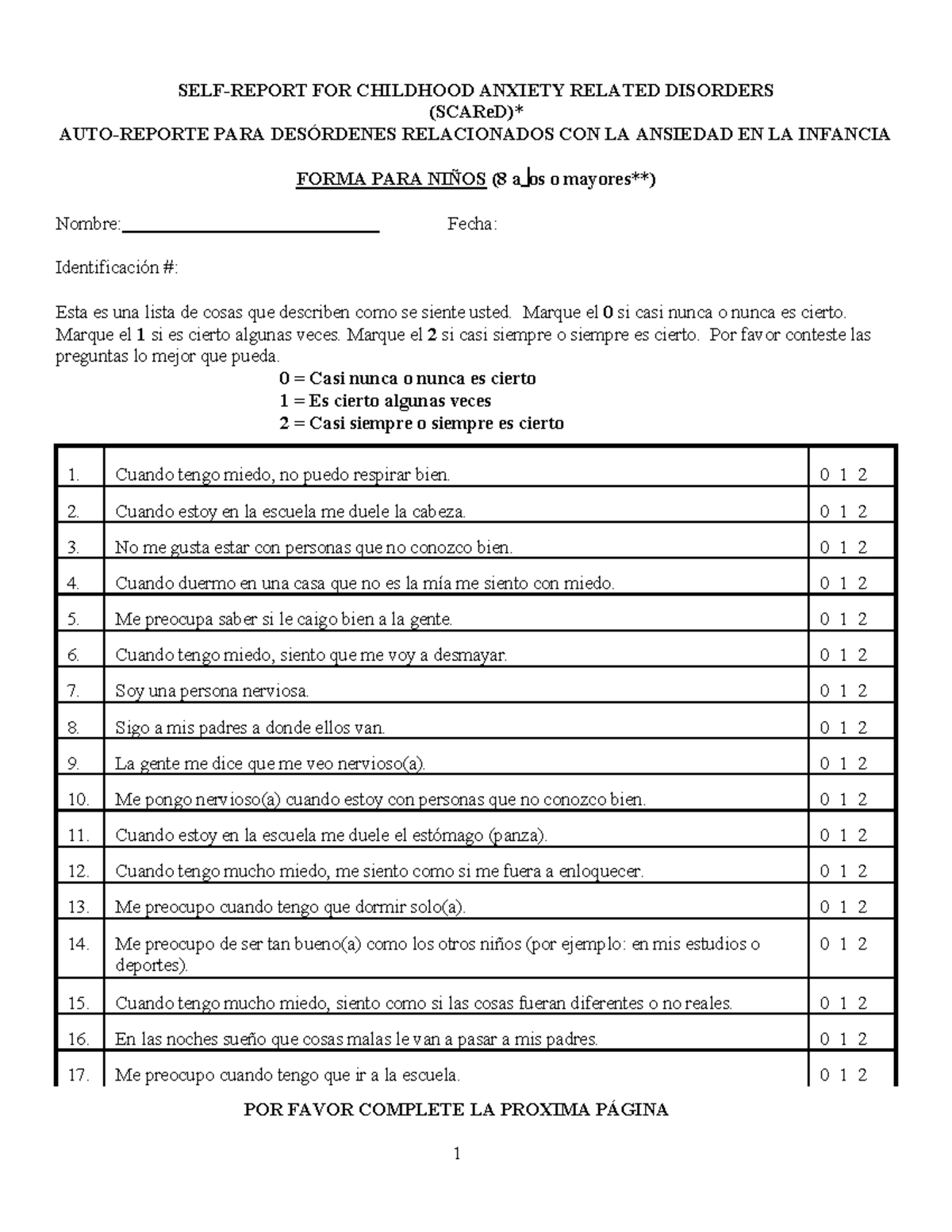 Scared Inventario Ansiedad Niños - SELF-REPORT FOR CHILDHOOD ANXIETY ...