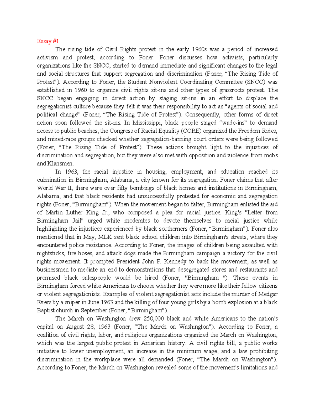 hist final exam - Essay # The rising tide of Civil Rights protest in ...