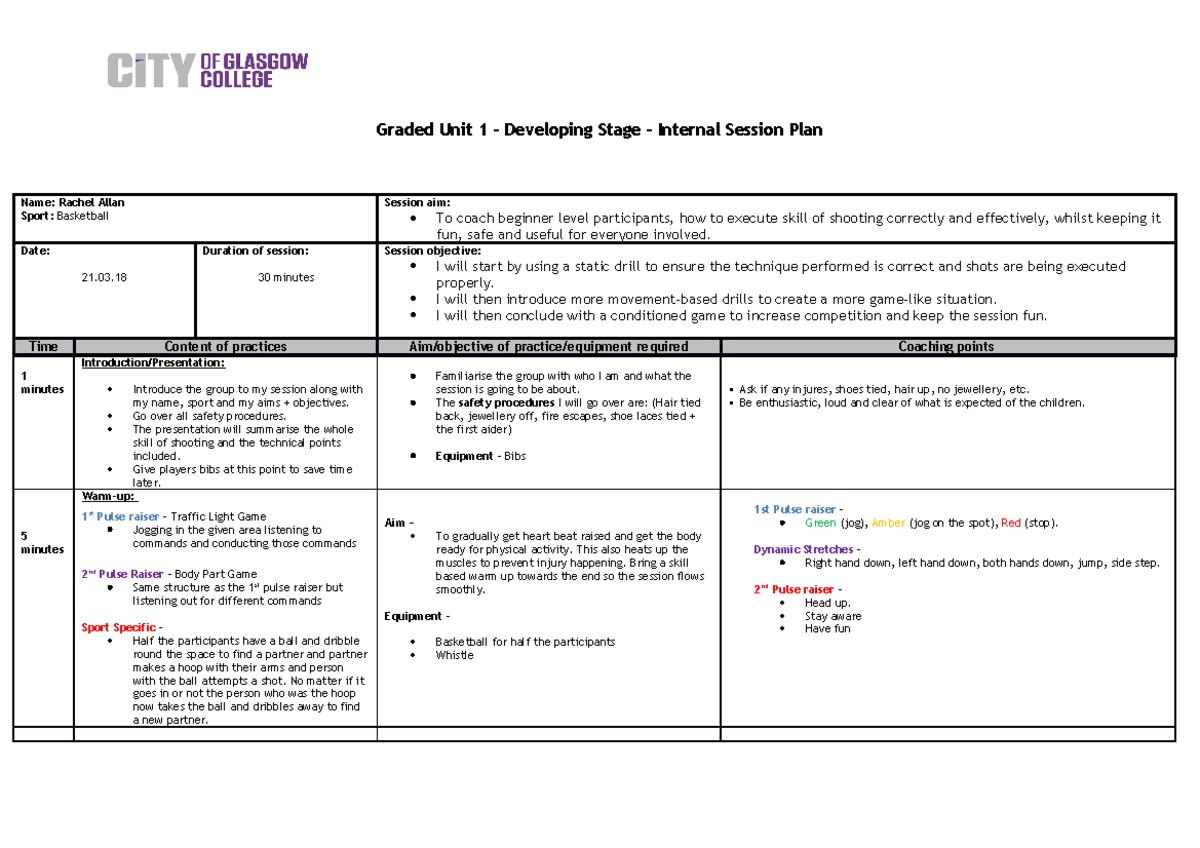 GU1 Session Plan Internal - Graded Unit 1 – Developing Stage – Internal Session Plan Name ...