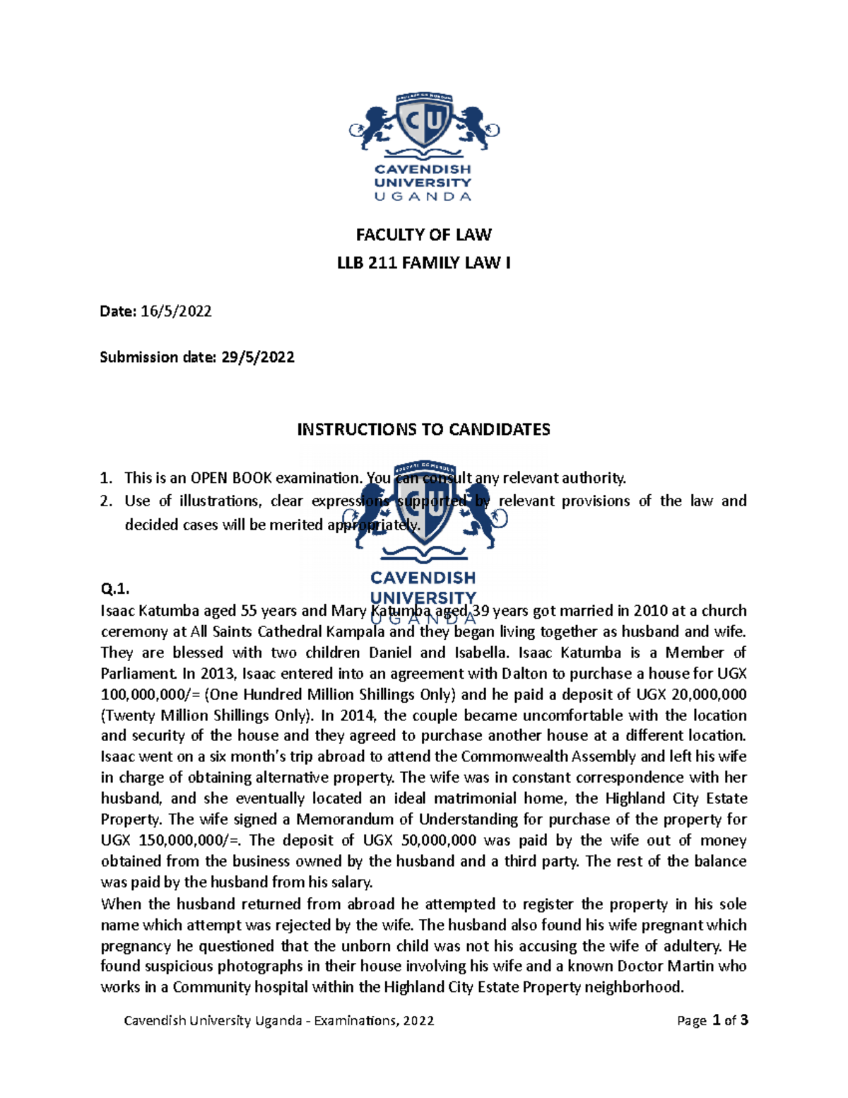 LLB211 Familylawif - Examination Question - FACULTY OF LAW LLB 211 ...