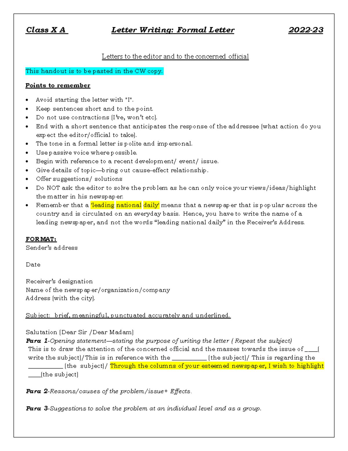Class X- Letter to the editor and concerned official - Class X A Letter ...