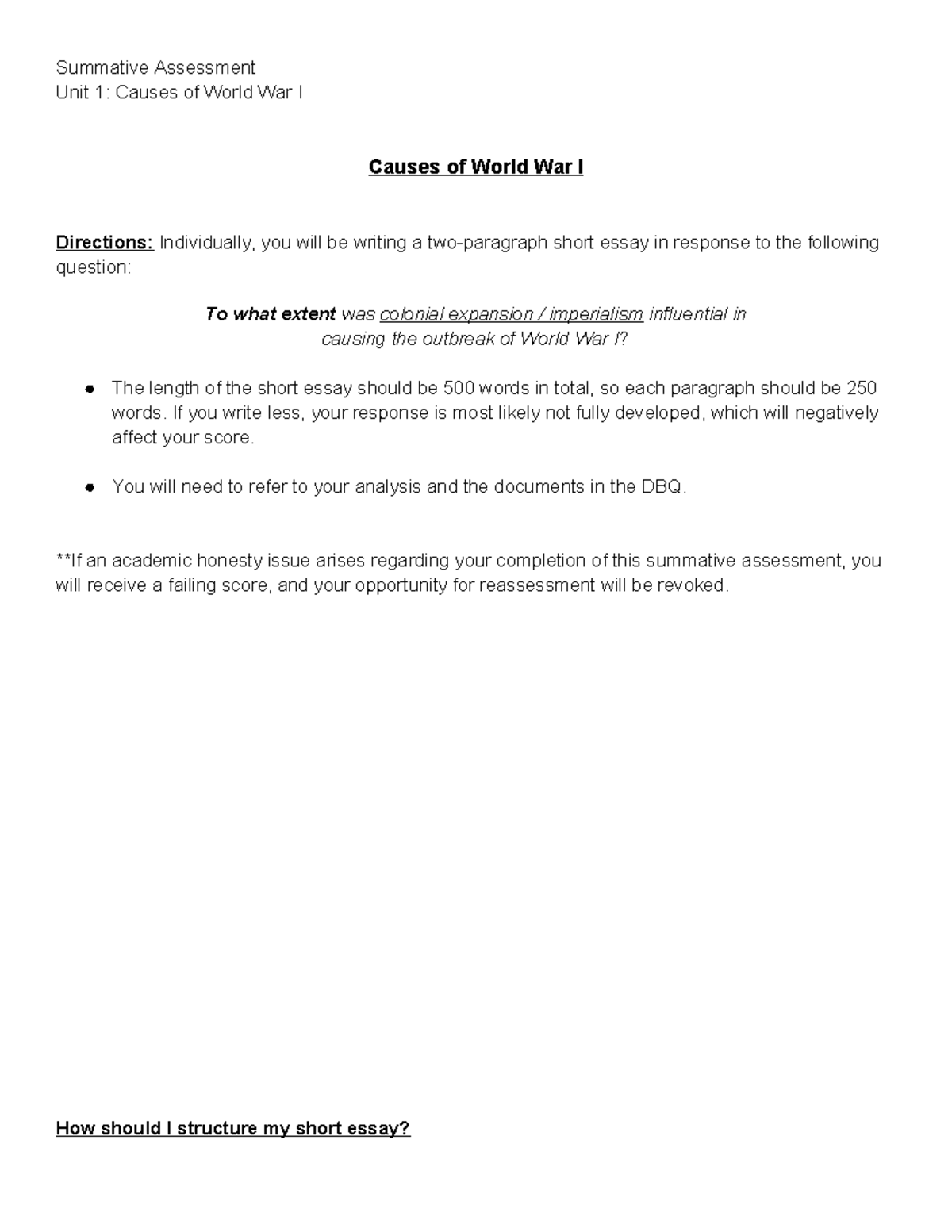 [Template] Summative Assessment - Unit 1 Causes of World War I (Block F ...