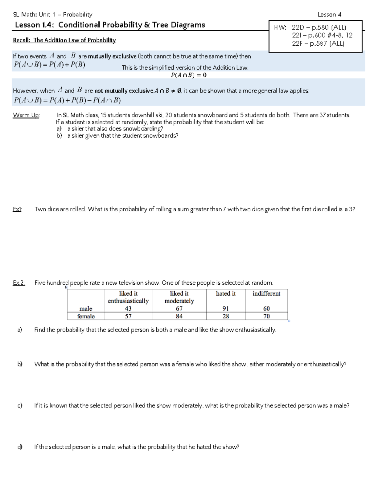 Lesson 1.4 - Conditional Probability Tree Diagrams (Revised) - Lesson 1 ...
