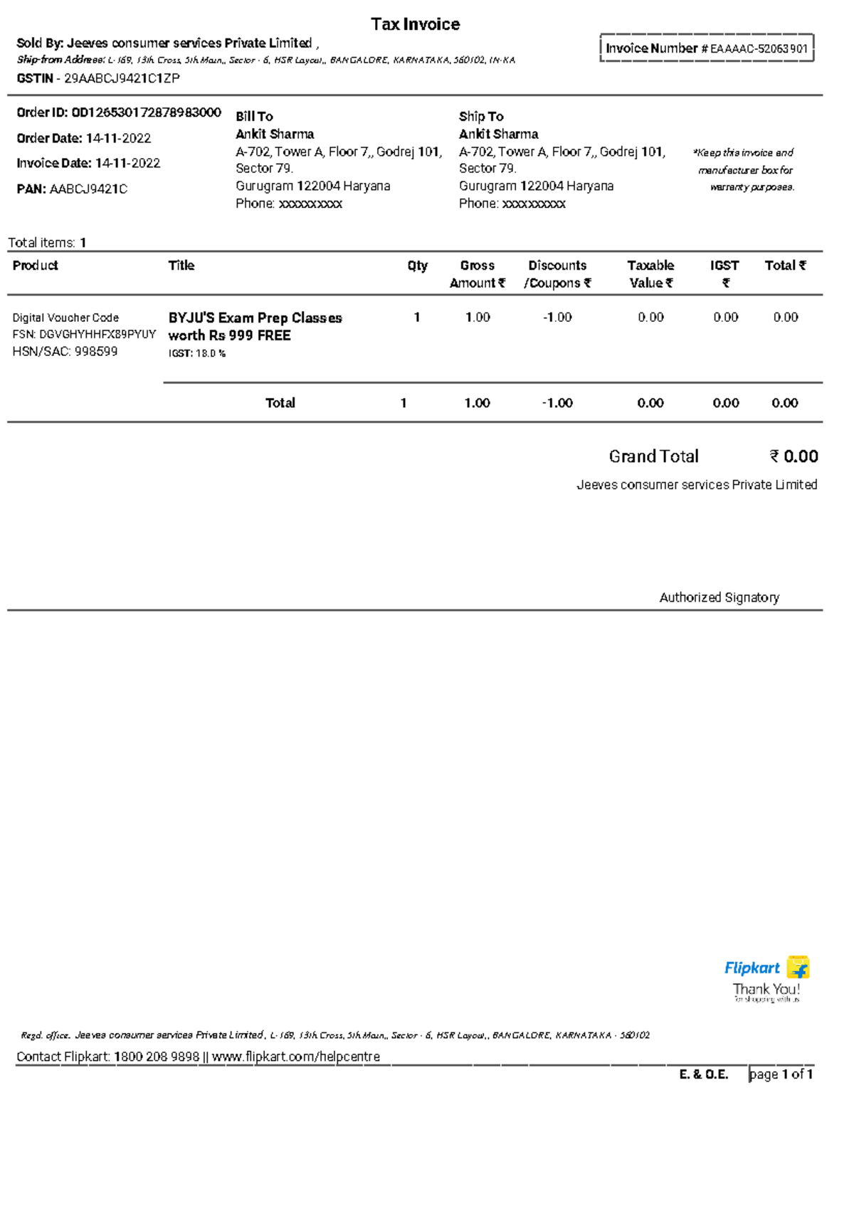 OD126530172878983000 - E. & O. page 1 of 1 *Keep this invoice and ...