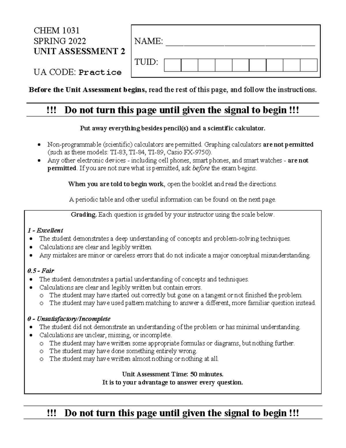 UA2 Practice - CHEM 1031 SPRING 2022 UNIT ASSESSMENT 2 UA CODE ...