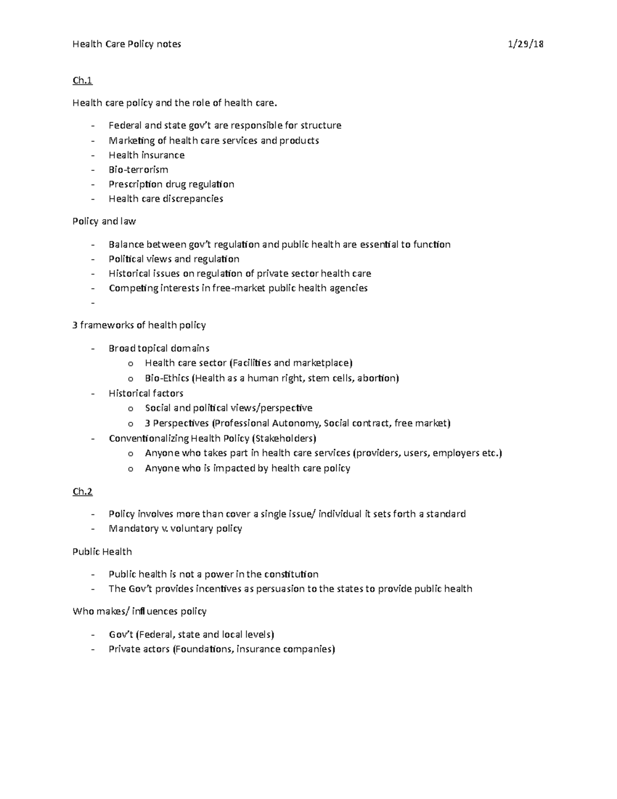 HSC 210 Notes 1 - Health Care Policy notes 1/29/ Ch. Health care policy ...