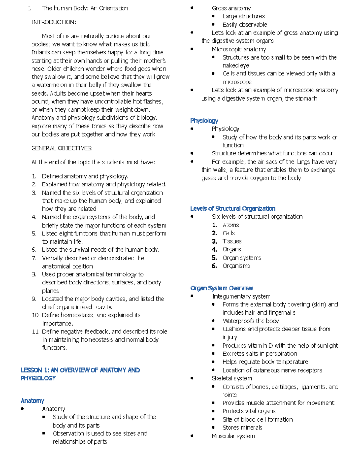 CHAP1 The Human Body - Lecture notes 1 - I. The human Body: An ...