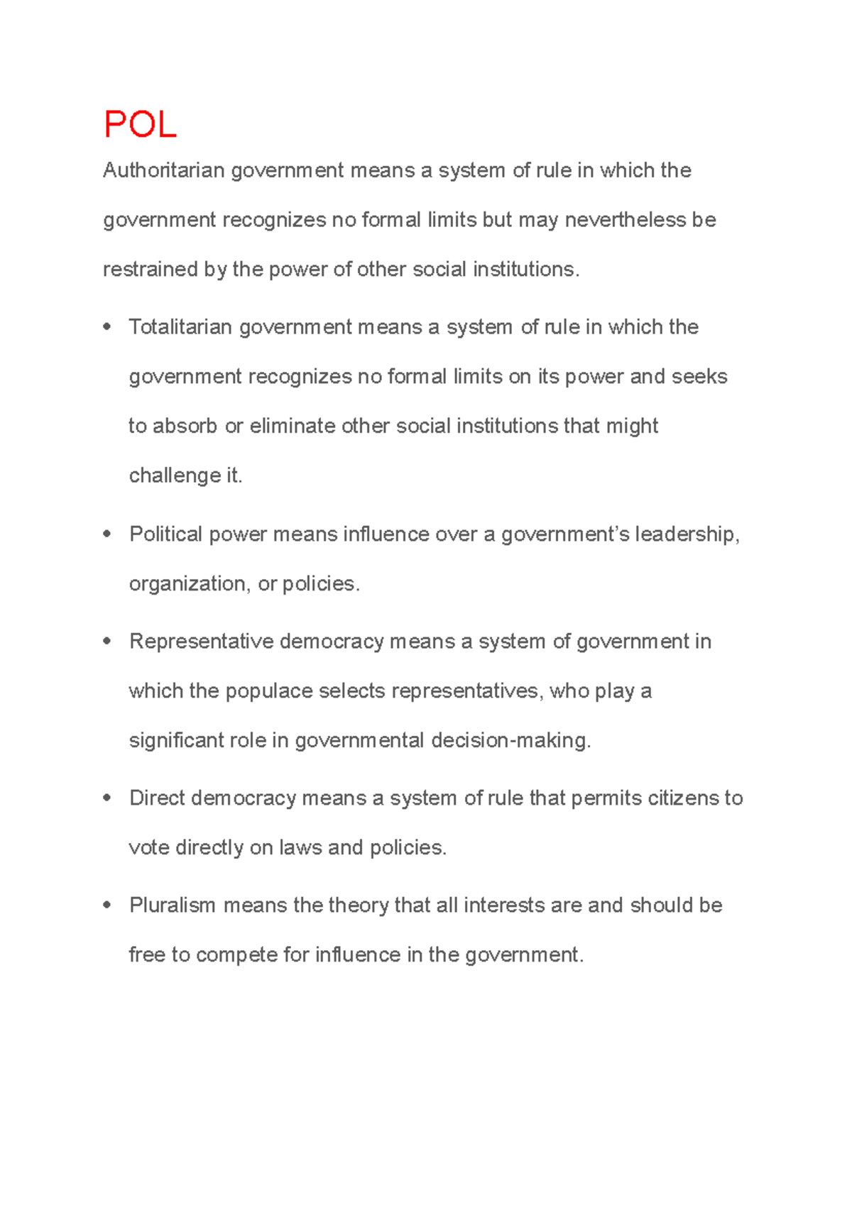 Pol - notes - POL Authoritarian government means a system of rule in ...